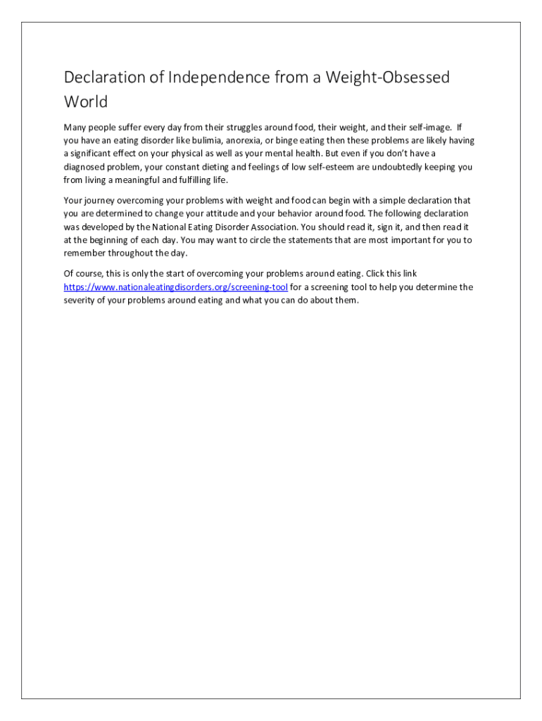 Fillable Online Declaration of Independence f rom a Weight-Obsessed ...