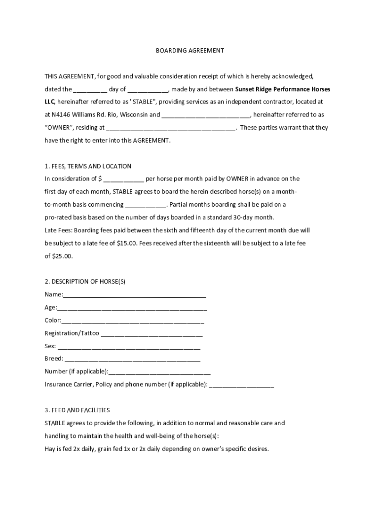 Fillable Online STANDARD BOARDING AGREEMENT THIS AGREEMENT, for good ...