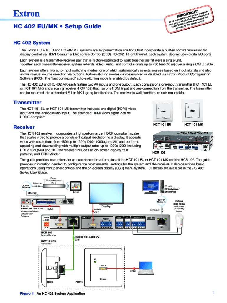 Fillable Online HC 402 EU/MK Setup Guide, 68-3063-54, rev. B. Extron HC 402 EU/MK installation ...