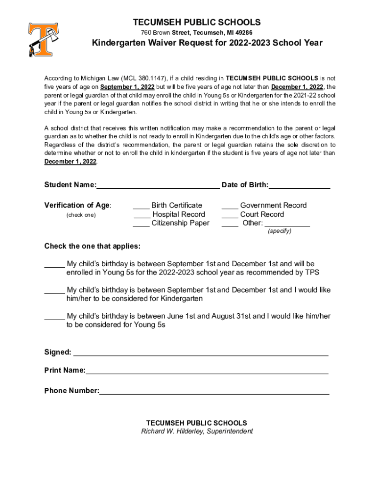 Fillable Online Kindergarten Waiver Request for 2022-2023 School Year ...