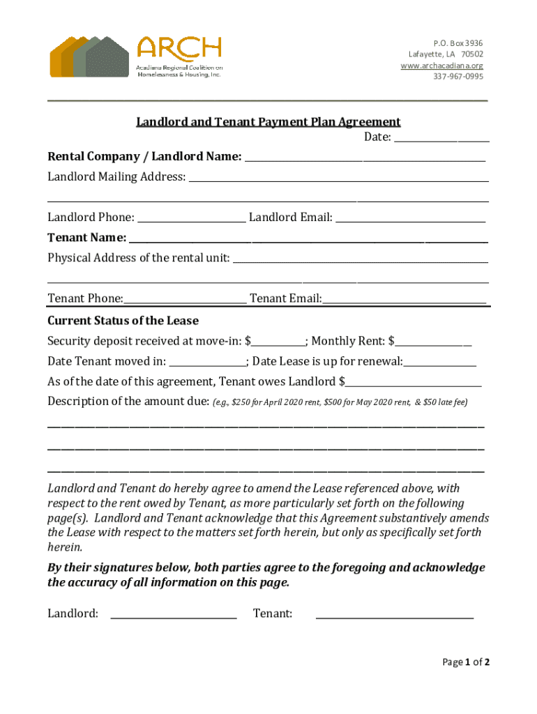 Fillable Online Landlord and Tenant Payment Plan Agreement Date Fax ...