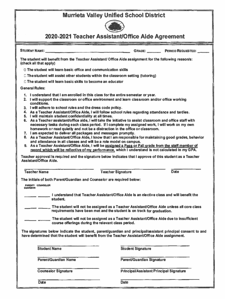 Fillable Online 2020-2021 Teacher Assistant/Office Aide Agreement Fax ...