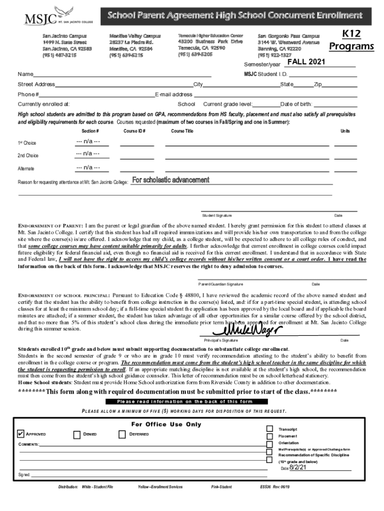 Fillable Online www.murrieta.k12.ca.uscmslibSchool Parent Agreement High School Concurrent ...