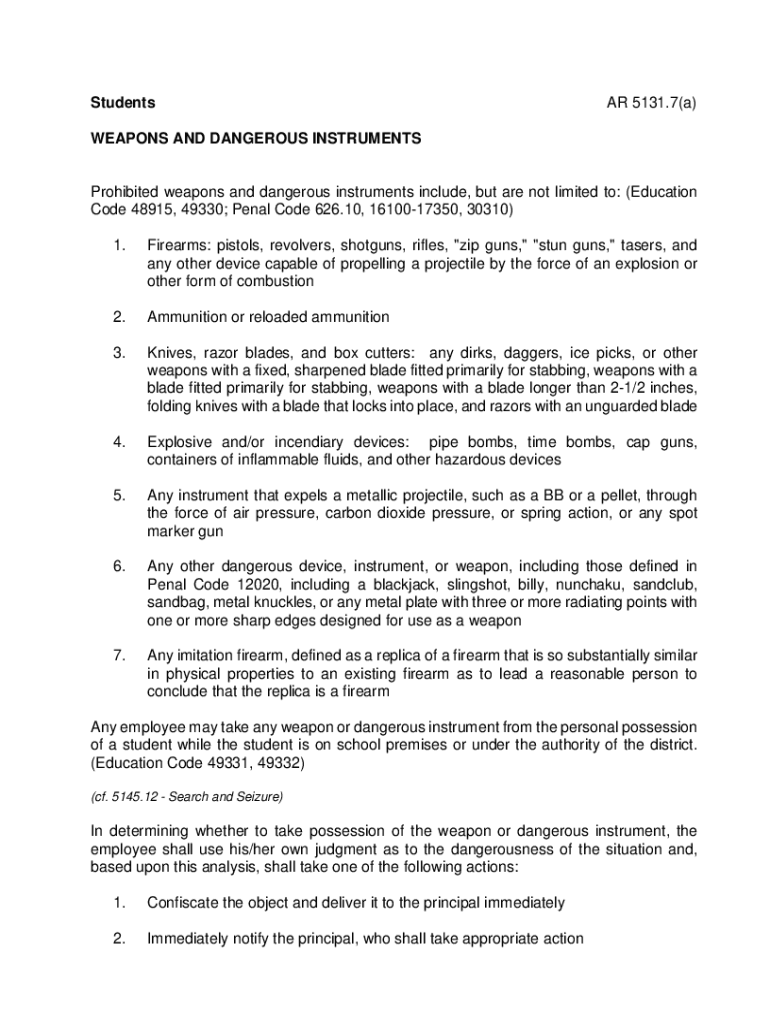 Fillable Online Students WEAPONS AND DANGEROUS INSTRUMENTS - El Rancho Unified School ... Fax ...