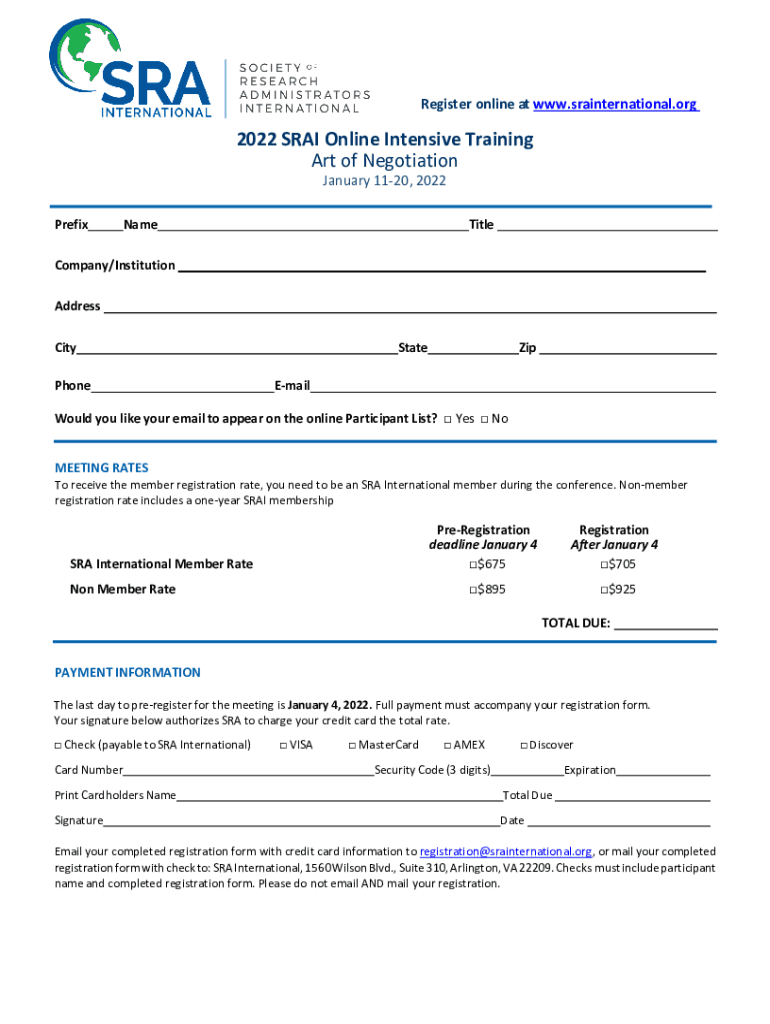Fillable Online 2022 SRAI Online Intensive Training Art of Negotiation ...