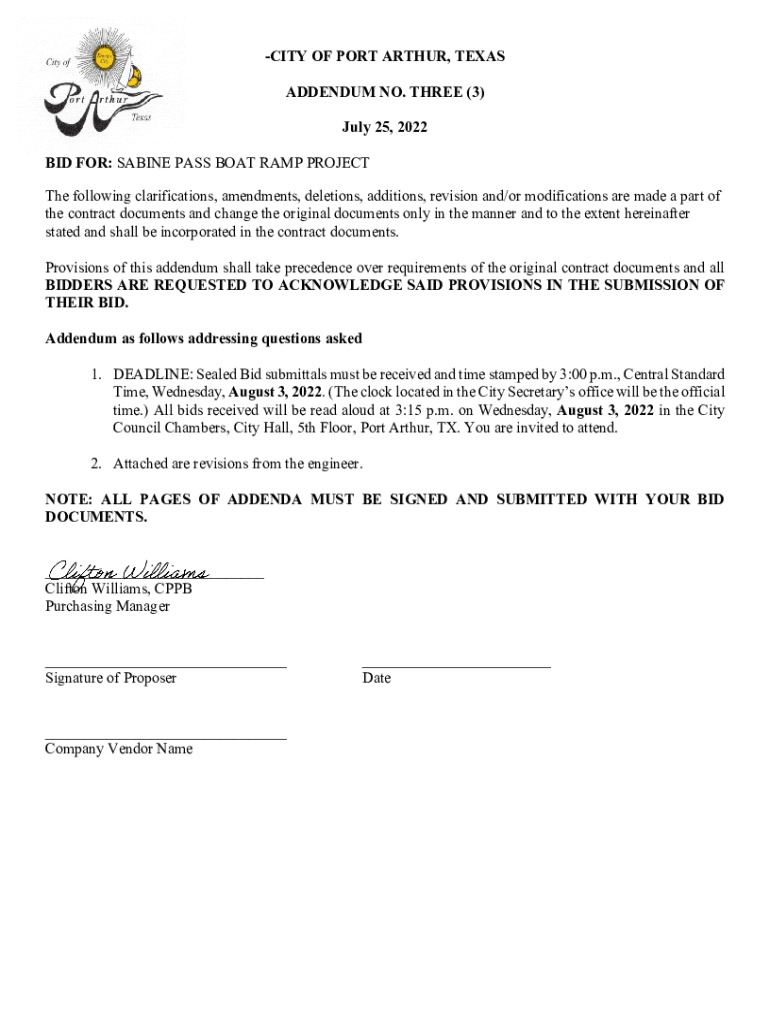 Fillable Online -CITY OF PORT ARTHUR, TEXAS ADDENDUM NO ... - AWS Fax ...