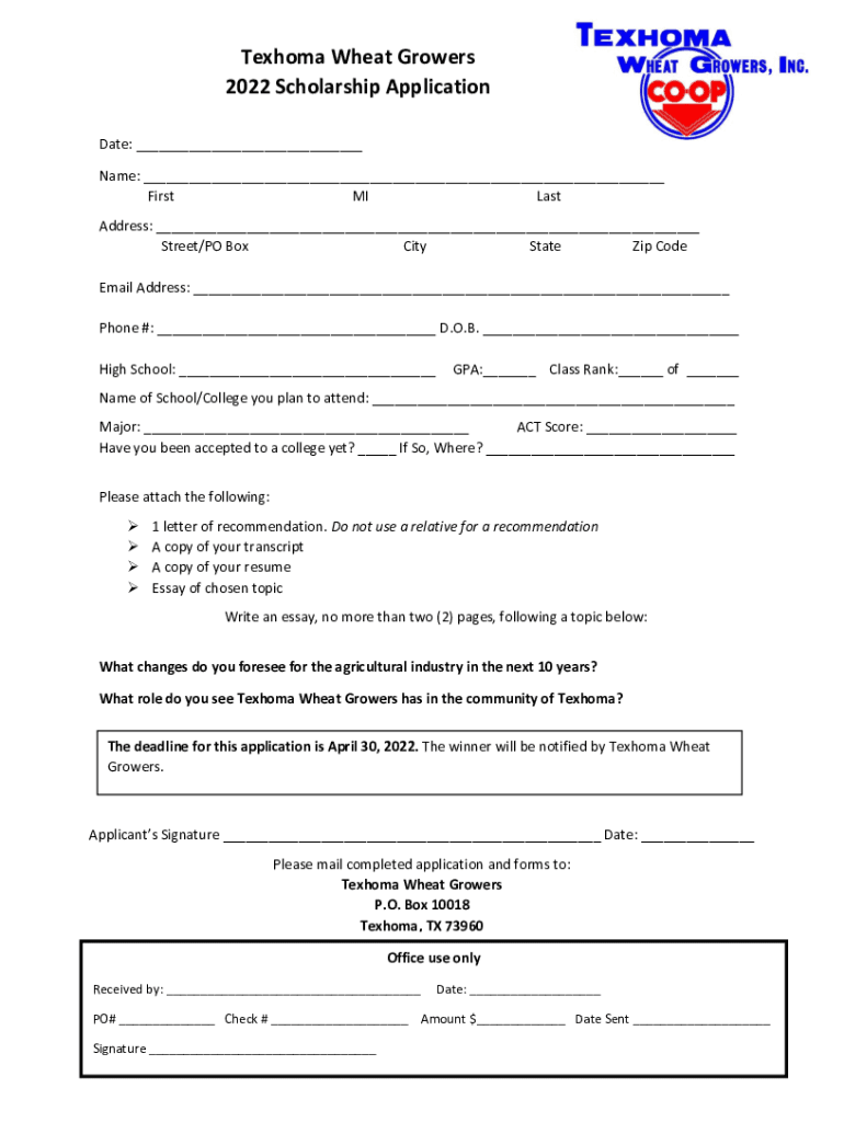 Fillable Online Texhoma Wheat Growers 2022 Scholarship Application Fax ...