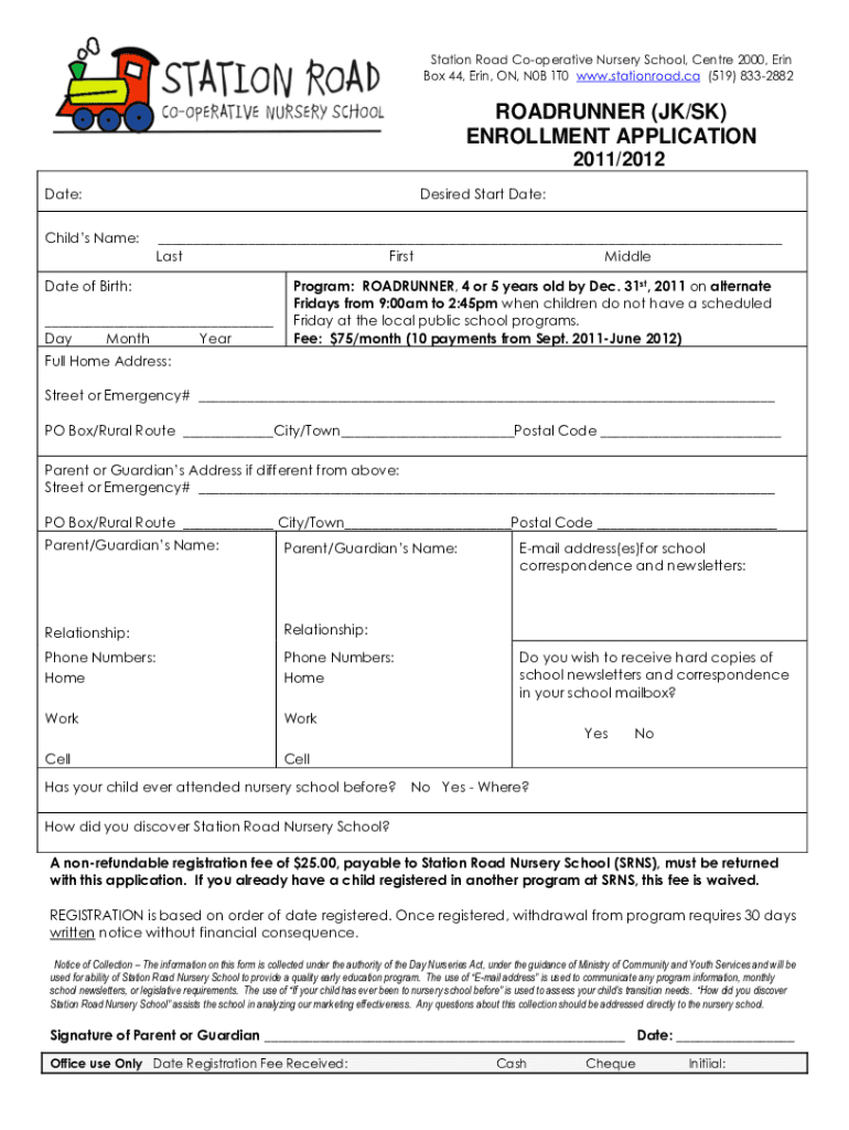 Fillable Online STATION ROAD NURSERY SCHOOL ENROLLMENT APPLICATION Fax Email Print - pdfFiller