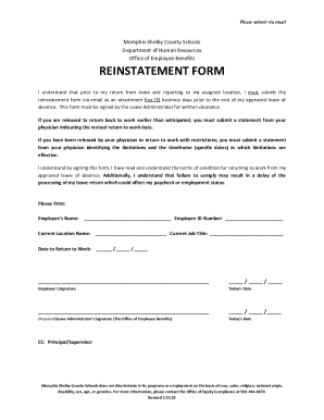 Fillable Online REINSTATEMENT FORM - Memphis-Shelby County Schools Fax ...