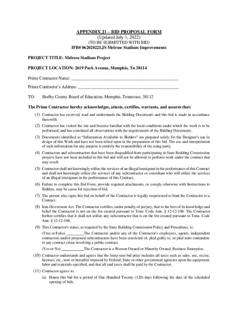 Fillable Online APPENDIX J1 BID PROPOSAL FORM (Updated July 1, 2022 ...