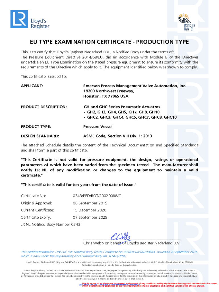 Fillable Online EU TYPE EXAMINATION CERTIFICATE - PRODUCTION TYPE - Emerson Electric Fax Email ...
