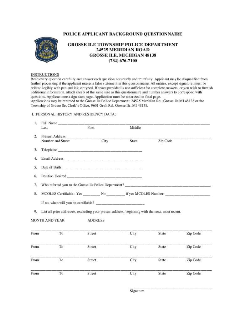 Fillable Online POLICE APPLICANT BACKGROUND QUESTIONNAIRE GROSSE ILE ...