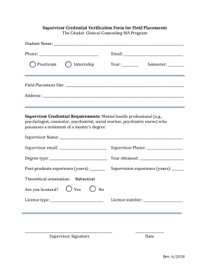 Fillable Online Supervisor Credential Verification Form for Field Placements The ... Fax Email ...