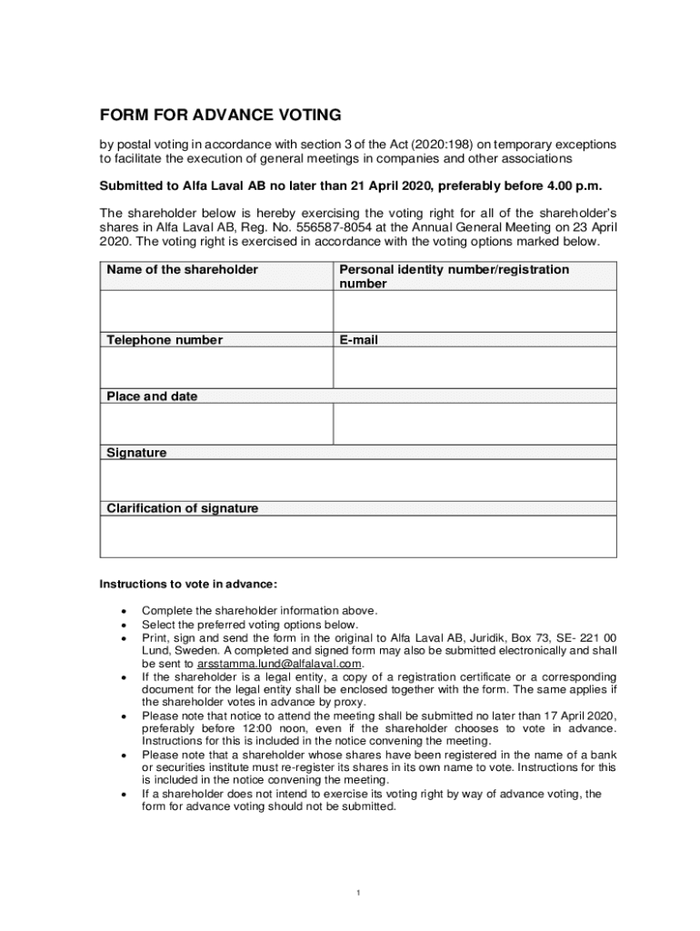 Fillable Online FORM FOR ADVANCE VOTING - Alfa Laval Fax Email Print - pdfFiller