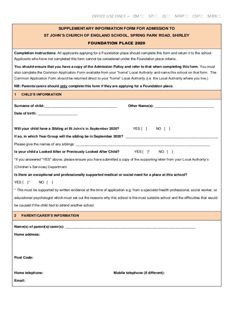 Fillable Online supplementary information form for admission to st john ...