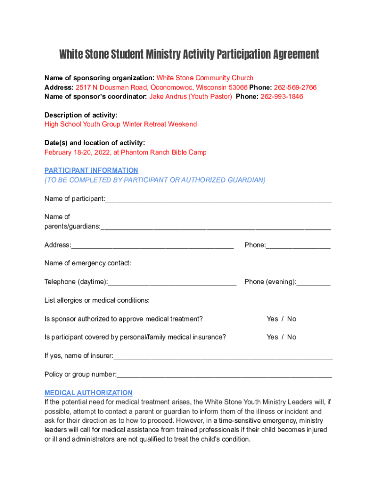 Fillable Online YG White Stone Student Ministry Activity Participation Agreement ... Fax Email ...