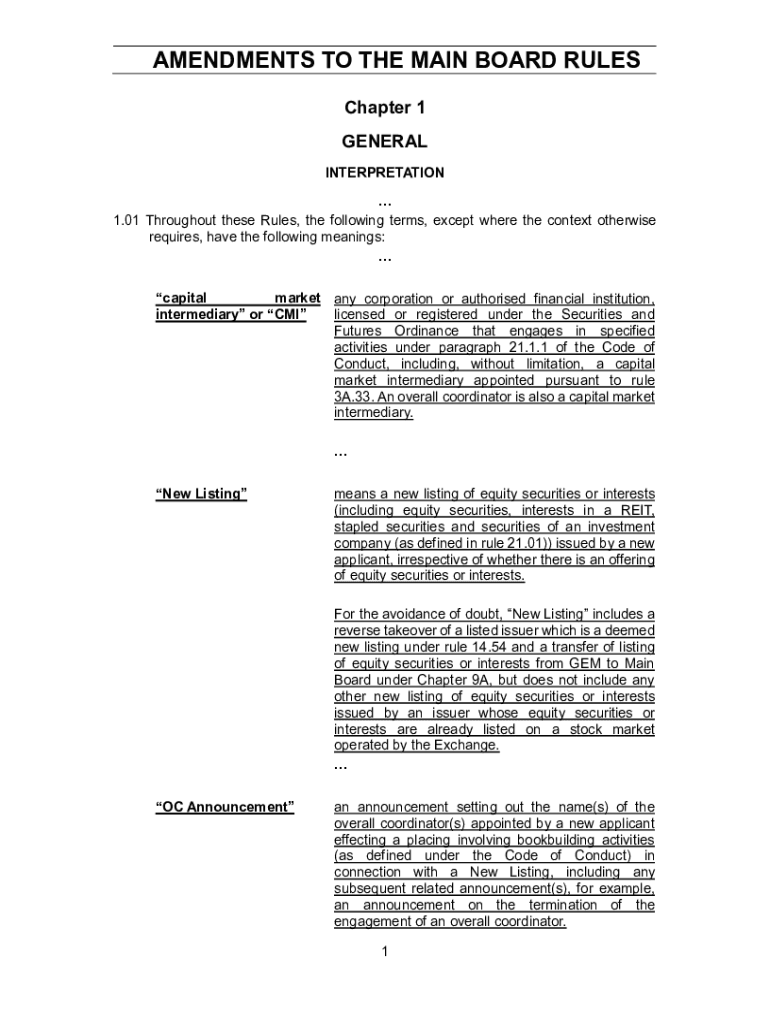 Fillable Online AMENDMENTS TO THE MAIN BOARD LISTING RULES Chapter 1 ...