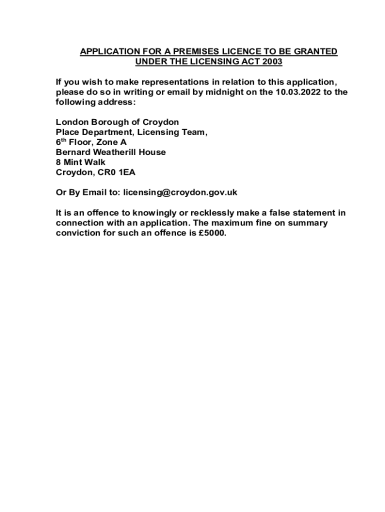 Fillable Online APPLICATION FOR A PREMISES LICENCE TO ... - Croydon ...