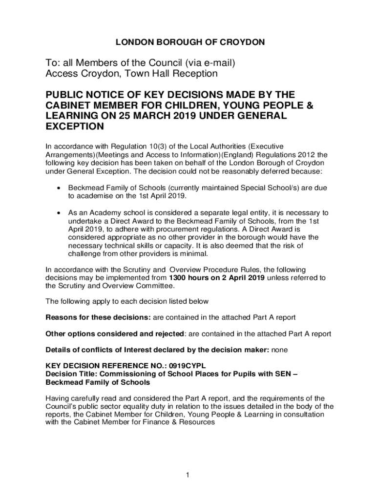 Fillable Online notice of Key Decisions by the Cabinet Member for Children ... Fax Email Print ...