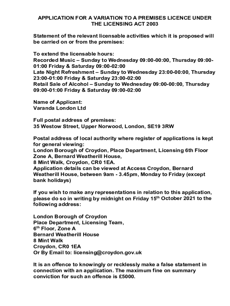 Fillable Online 6 3 17 Application to vary a premises licence under the Licensing ... Fax Email ...