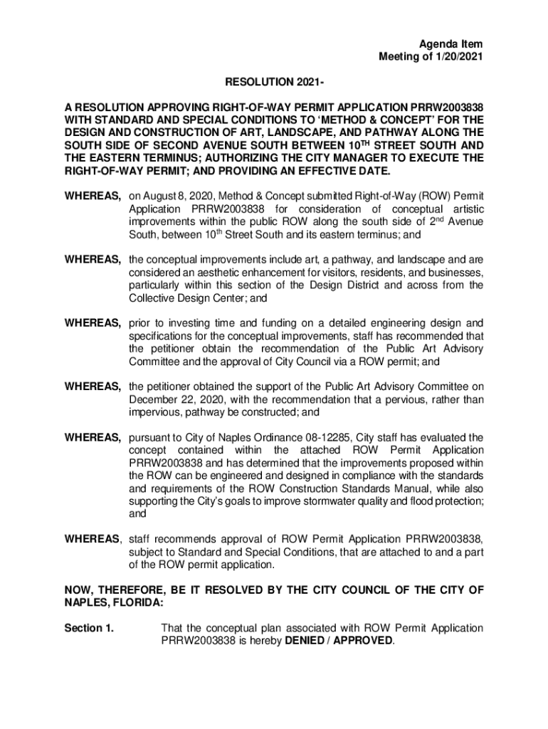 Fillable Online RESOLUTION 2021A RESOLUTION APPROVING RIGHT-OF-WAY ...