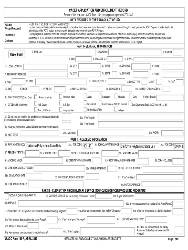 Fillable Online CADET APPLICATION AND ENROLLMENT RECORD - Missouri S&T ...