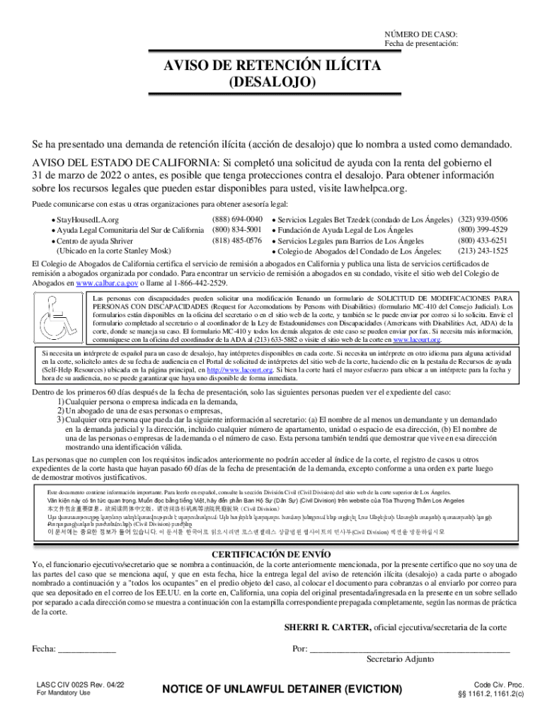 Fillable Online LACIV 002 04-05 Notice of Unlawful Detainer (Eviction ...