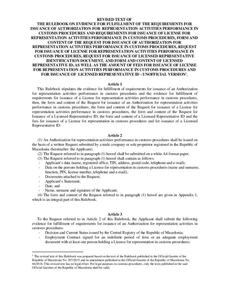 Fillable Online customs gov REVISED TEXT OF THE RULEBOOK ON EVIDENCE ...