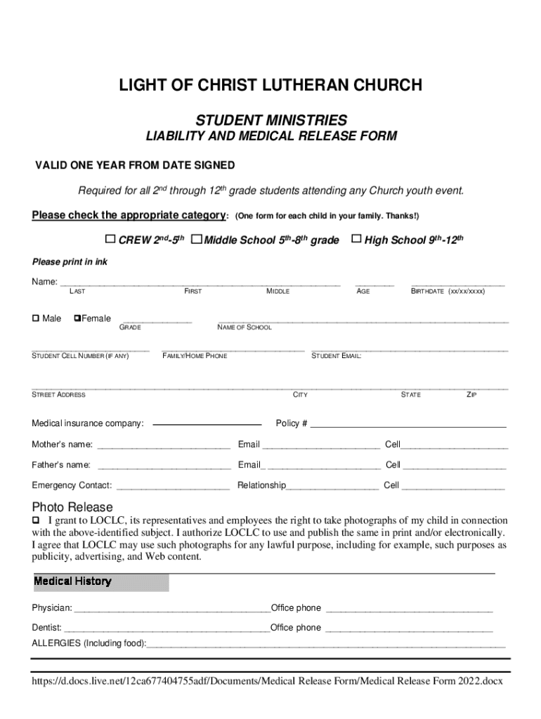 Fillable Online student ministries - liability and medical release form Fax Email Print - pdfFiller
