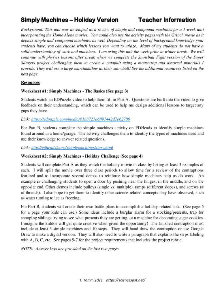 Fillable Online Simply Machines Holiday Version Teacher Information Fax ...