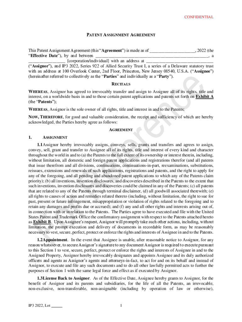 Fillable Online PATENT ASSIGNMENT AGREEMENT - Allied Security Trust Fax ...