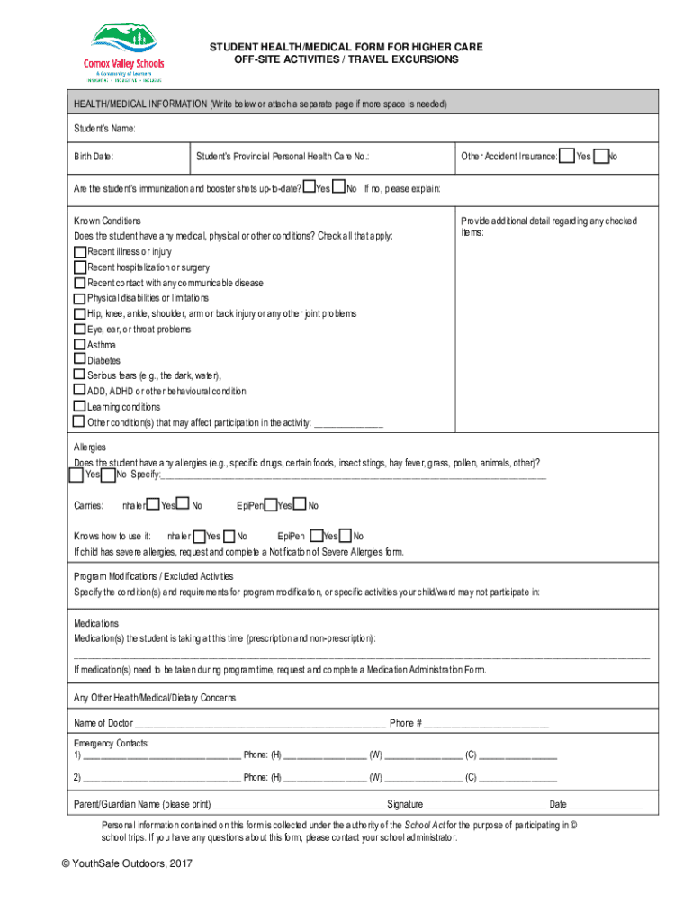 Fillable Online Student Health/Medical Form for Higher Care Off-site ...