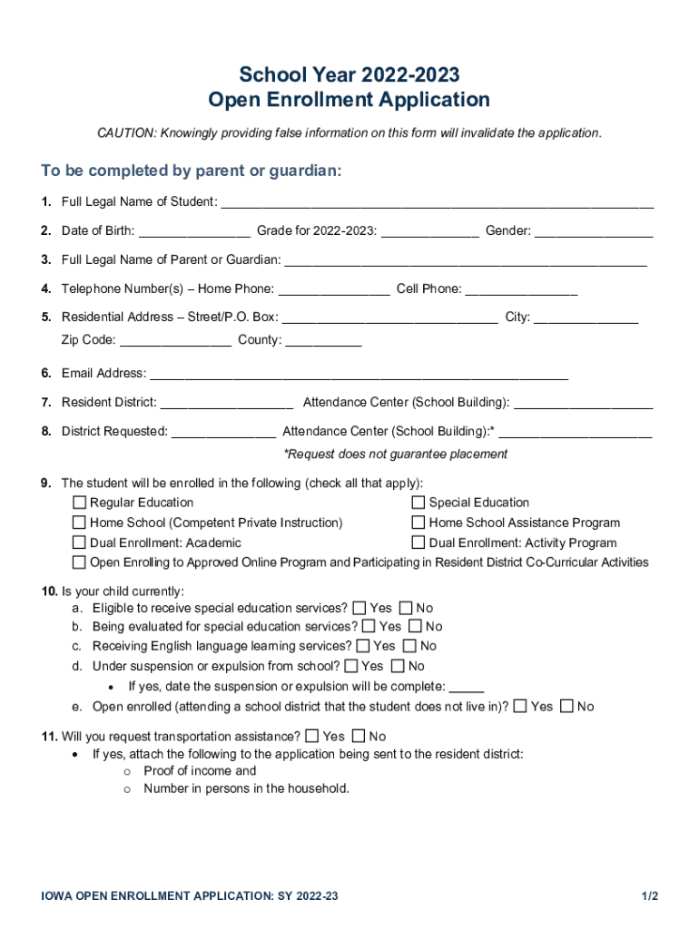 Fillable Online Iowa Open Enrollment Application. School Year 2022-2023 ...
