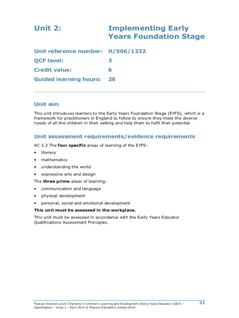 Fillable Online Unit 2: Implementing Early Years Foundation Stage Fax Email Print - pdfFiller