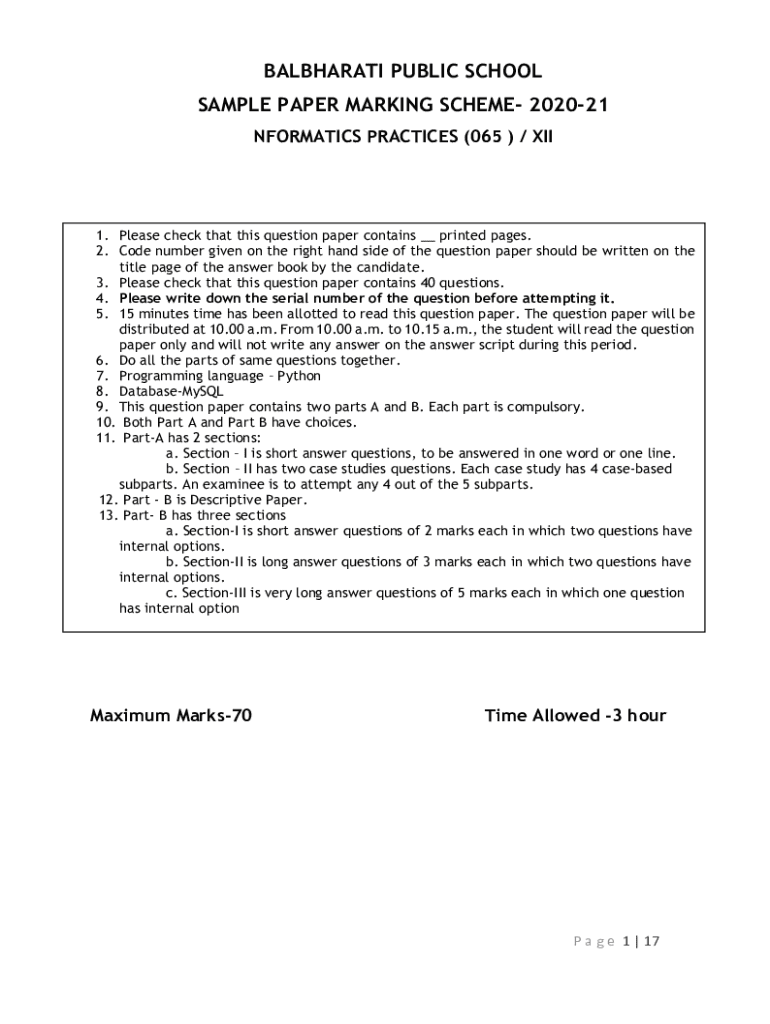 Fillable Online BALBHARATI PUBLIC SCHOOL SAMPLE PAPER MARKING ... Fax ...