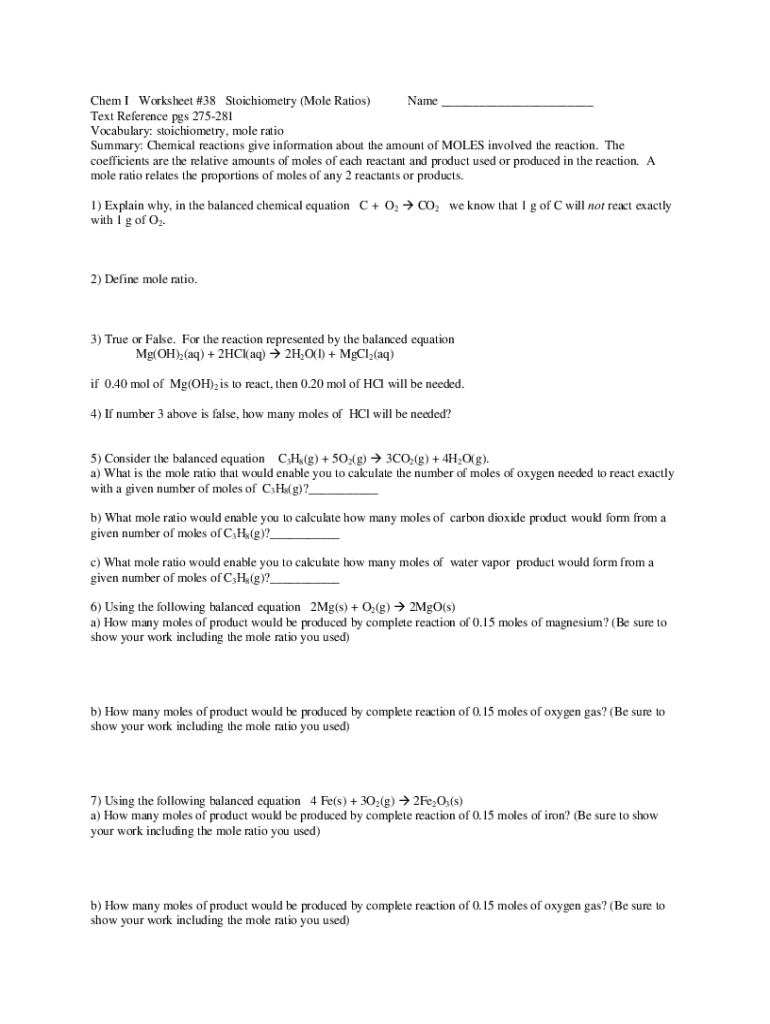 Fillable Online Chem I Worksheet #38 Stoichiometry (Mole Ratios) Name ...