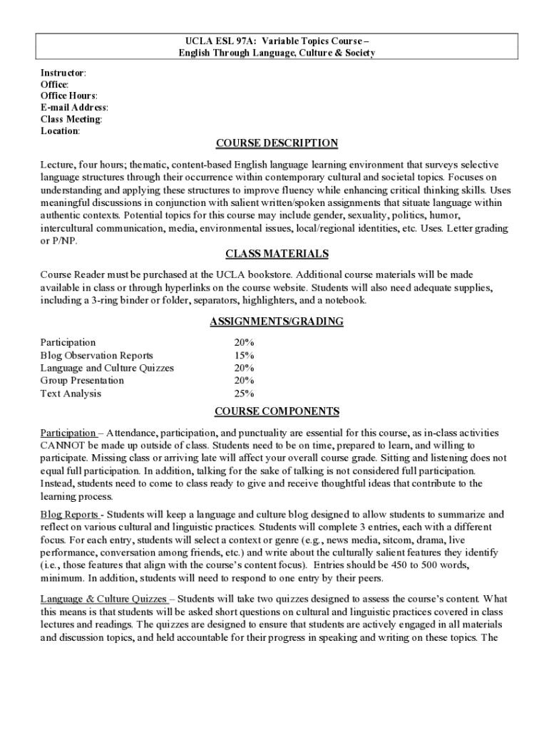 Fillable Online wp ucla Sample Syllabus - ESL 23 - American Culture ...