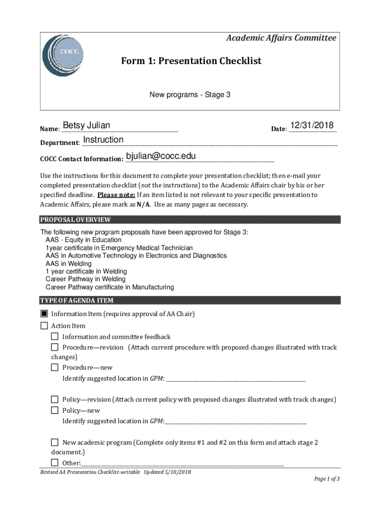 Fillable Online Fillable Academic Calendars 2019 2023 Presentation Checklist (Central ... Fax ...