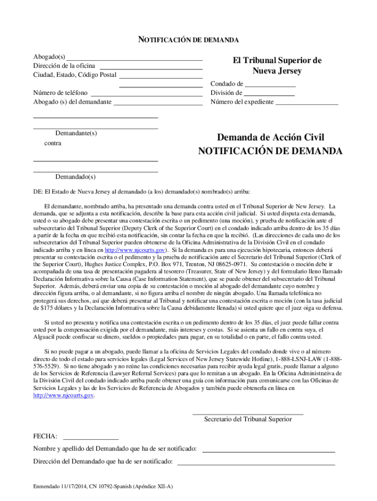 Fillable Online www.njcourts.gov forms 10792civilactionDemanda de Accin ...