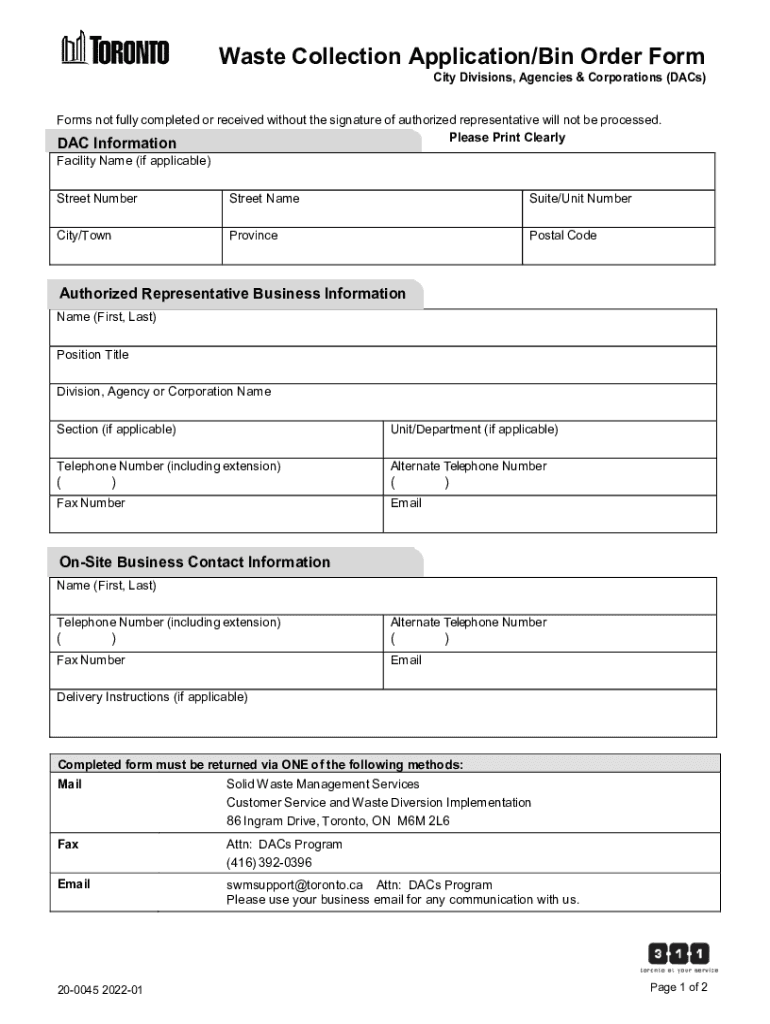 Fillable Online Waste Collection Application/Bin Order Form - City ...