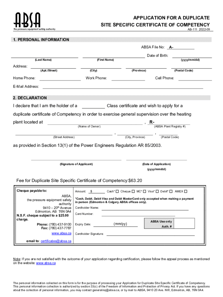 Fillable Online AB-111 Application for a Duplicate Site Specific Certificate of ... Fax Email ...