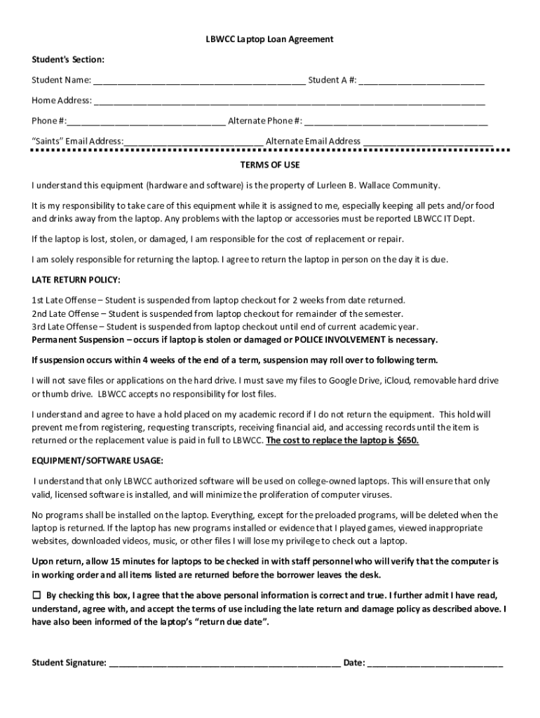 Fillable Online LBWCC Laptop Loan Agreement Student's Section Fax Email ...