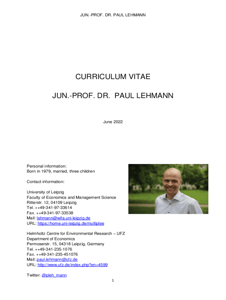 Fillable Online curriculum vitae jun.-prof. dr. paul lehmann - UFZ Fax Email Print - pdfFiller