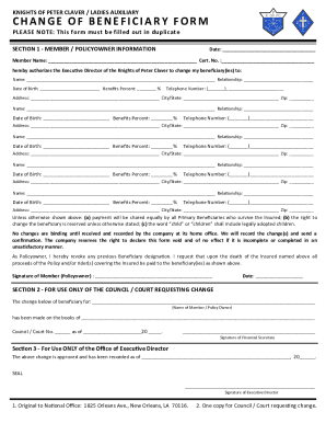Fillable Online KPC Change of Beneficiary - Home - Knights of Peter ...