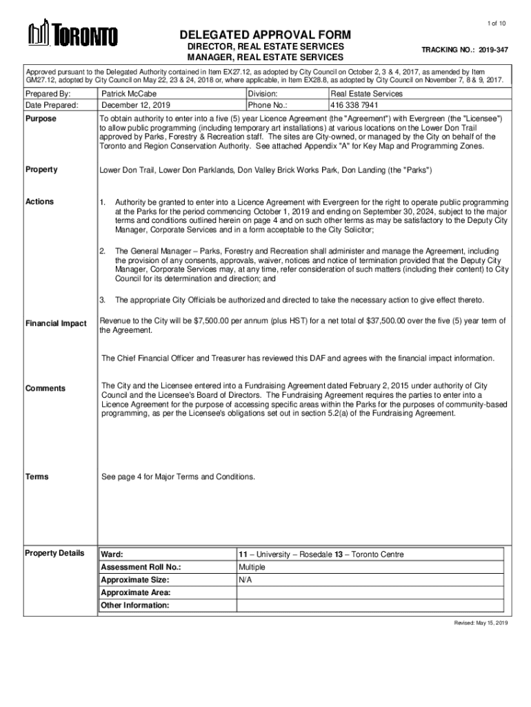 Fillable Online 1 of 10 DELEGATED APPROVAL FORM DIRECTOR, REAL ESTATE ... - Toronto Fax Email ...