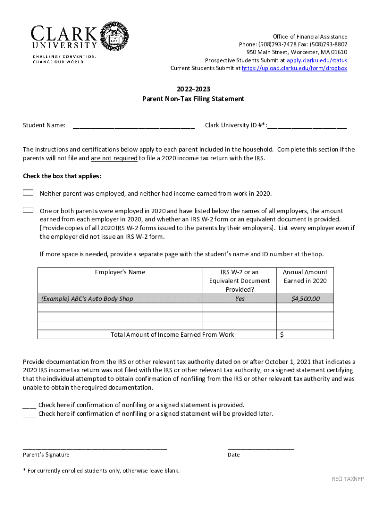 Fillable Online 2022-2023 Parent Non-Tax Filing Statement - Clark University Fax Email Print ...