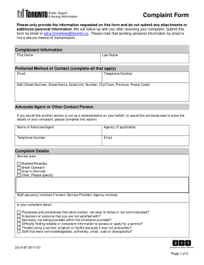 Fillable Online SSHA Complaint Form - City of Toronto Fax Email Print ...