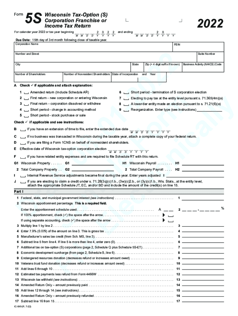 Fillable Online Wisconsin Form 5S Wisconsin Tax-Option (S) Corporation ...