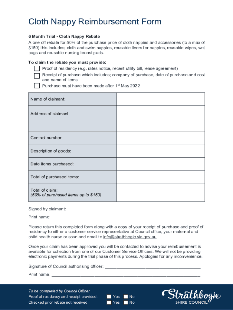 Fillable Online Cloth Nappy Reimbursement Form - Strathbogie Shire ...