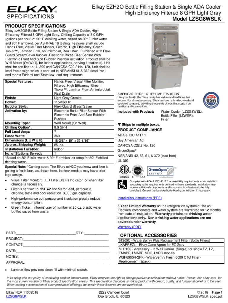 Fillable Online Elkay LZS8WSLP Bottle Filling Station and Cooler, Single, Light Gray ... Fax ...